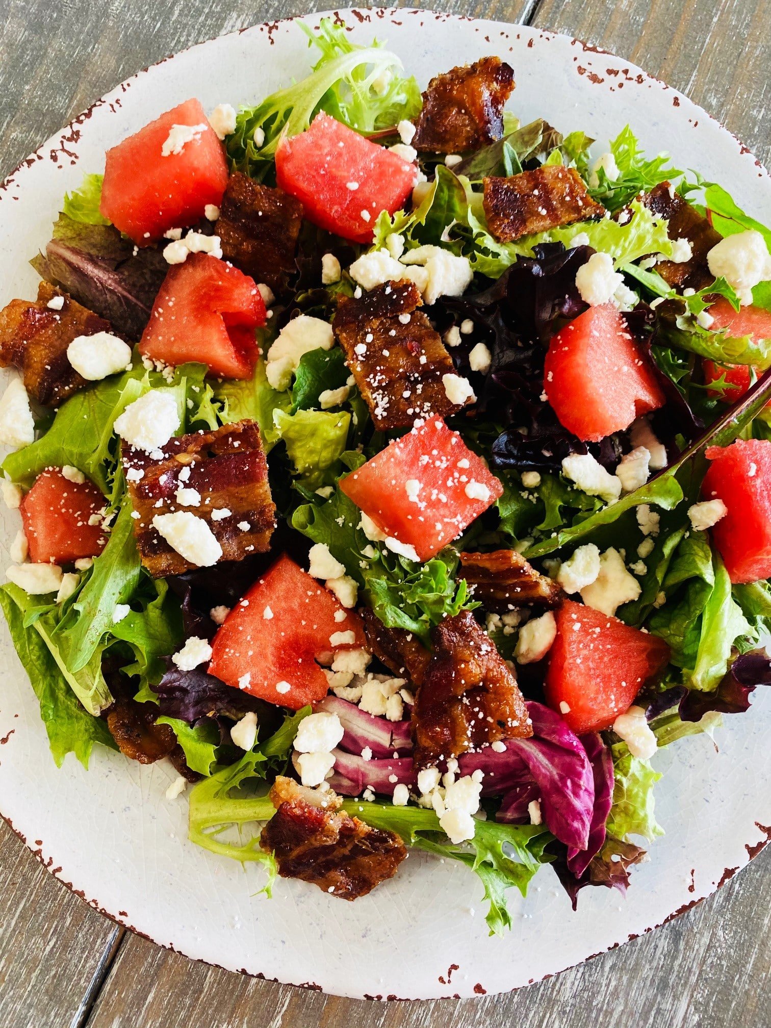 Watermelon Candied Bacon Salad - Cooks Well With Others