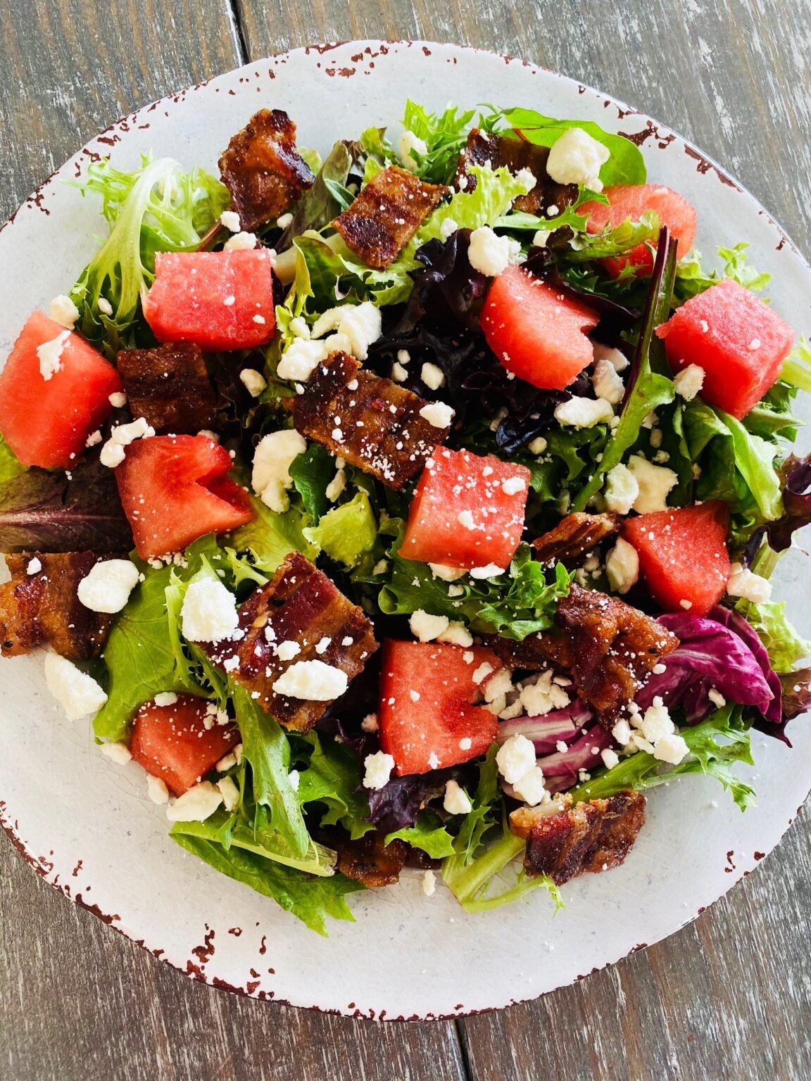 Watermelon Candied Bacon Salad - Cooks Well With Others
