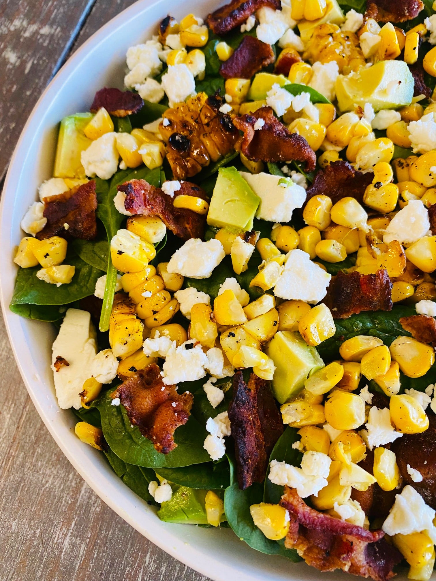 Corn Bacon Feta Spinach Salads - Cooks Well With Others